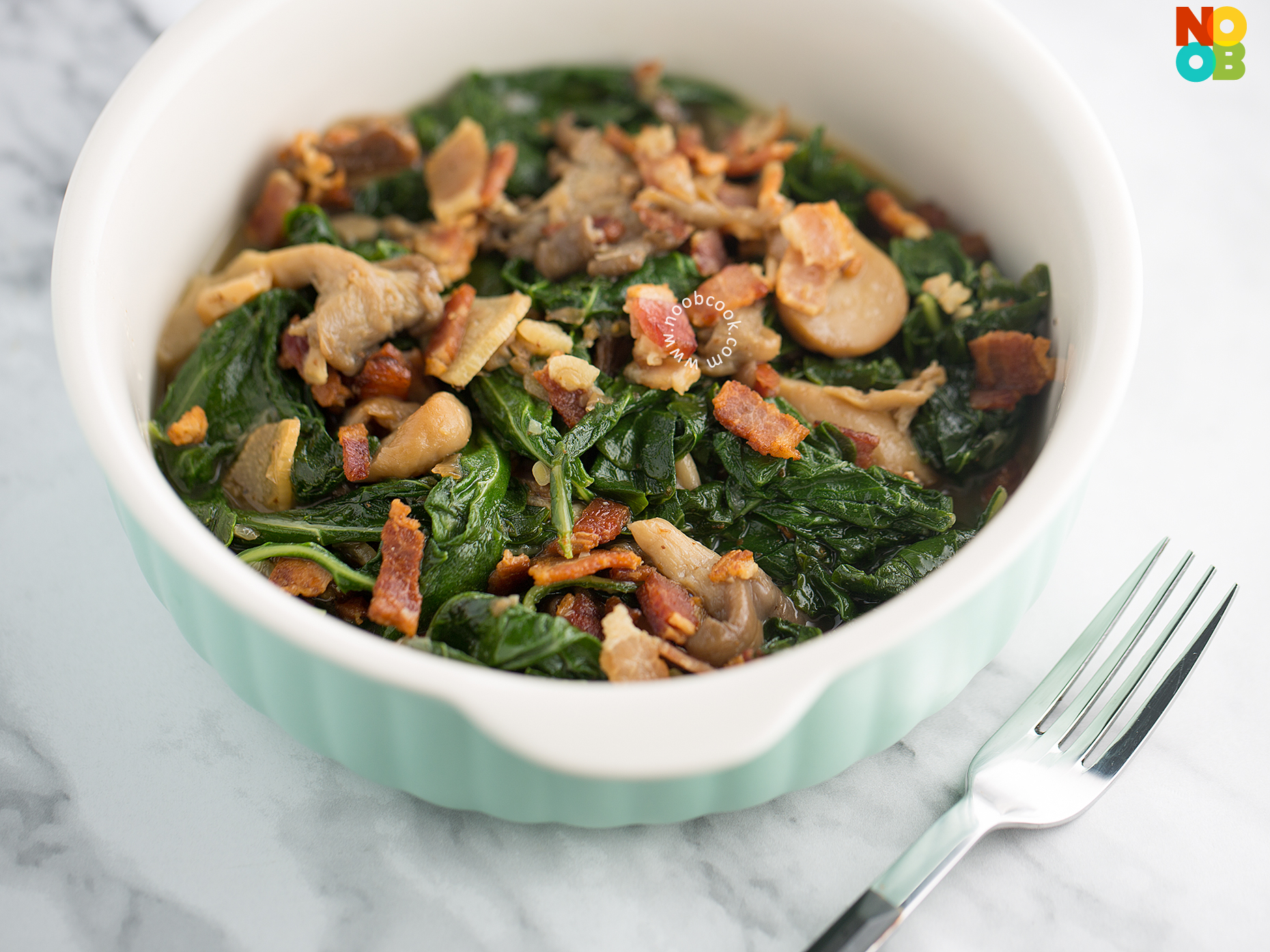 Kale, Bacon & Mushroom Recipe | NoobCook.com